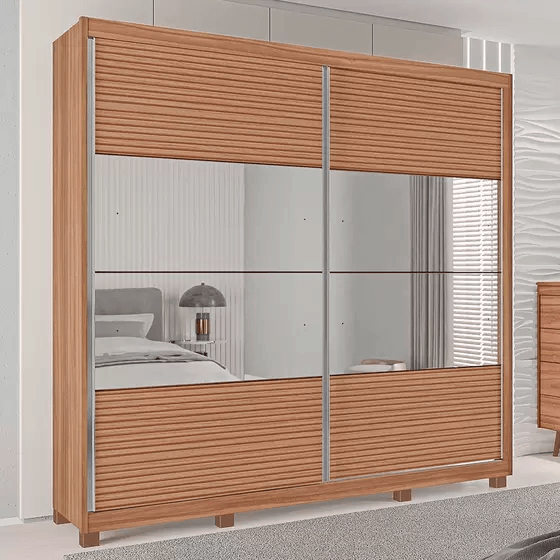 Roupeiro Tuboarte Berlim 2 Portas de Correr Com Espelho Amêndoa Ripas